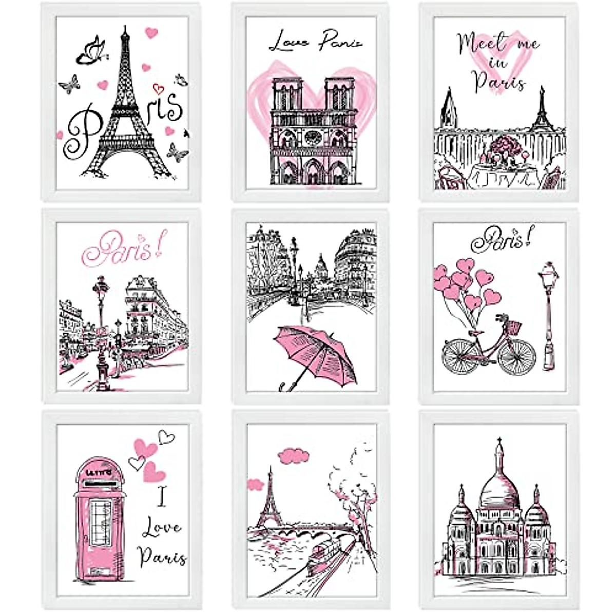 Spakon 9 Pieces Paris Bathroom Decor for Girls Paris Wall Art Paris Theme Room Decor Romantic Paris Room Decor Pink Eiffel Tower Wall Art Paris Bedroom Pictures for Girl