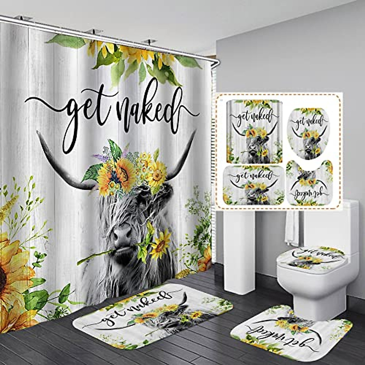 JAYDEN MADGE MAKE YOUR HOME SWEETER Jayden Madge 4PCS Highland Cow Shower Curtain Set with Rugs, Get Naked Watercolor Yellow Floral Botanical Country Western Farm Ani JM-IT010 0