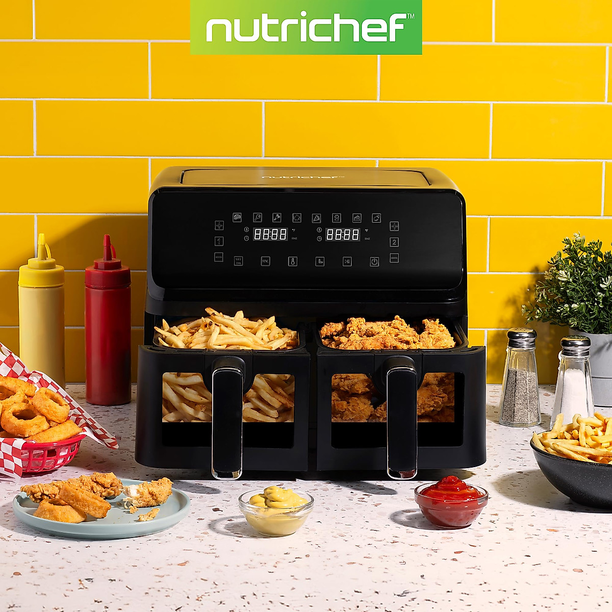 Nutrichef Double Basket Air Fryer 8.8 QT | Family Size Oil Free Airfryer with Transparent Window | 9-1 Preset Cooking Options | 360° Hot Air Circulation Technology | 4.4 QTs per Basket | Black
