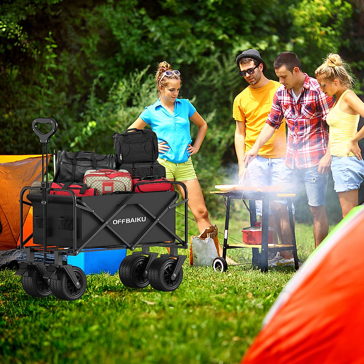 OFFBAIKU Collapsible Folding Wagon with 330lbs Weight Capacity Wagon Cart Heavy Duty Foldable with Big All-Terrain Wheels Beach Wagon Utility for Beach,Sand,Camping,Black