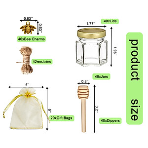 Adabocute 40-Count 1.5 oz Mini Hexagonal Glass Honey Jars - Small with Wooden Dippers, Bee Charms, Gold Gift Bags and Jutes Lids for Baby Shower, Wedding Party Favors