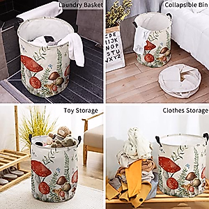 Large Laundry Basket 16.5x17in, Red Mushroom Waterproof Dirty Clothes Bag Hamper with Handles, Green Plant Flowers Butterfly Burlap Texture Collapsible Sorter Basket for Bathroom Home