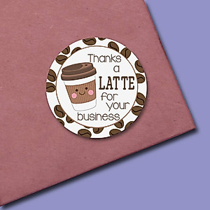 Thanks A Latte Coffee Themed Thank You Customer Appreciation Sticker Labels for Small Businesses, 60 1.5" Circle Stickers by AmandaCreation, Great for Envelopes, Postcards, Direct Mail, & More!