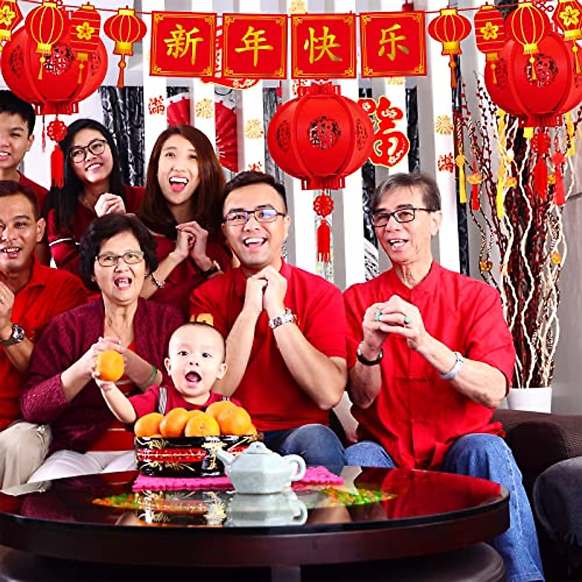 Winlyn 7 Set Chinese New Year Party Decorations Chinese Red Lanterns Lucky Garland Good Luck Garland Decorative Chinese Red Hanging Garlands for Asian Chinese Lunar New Year Spring Festival Décor