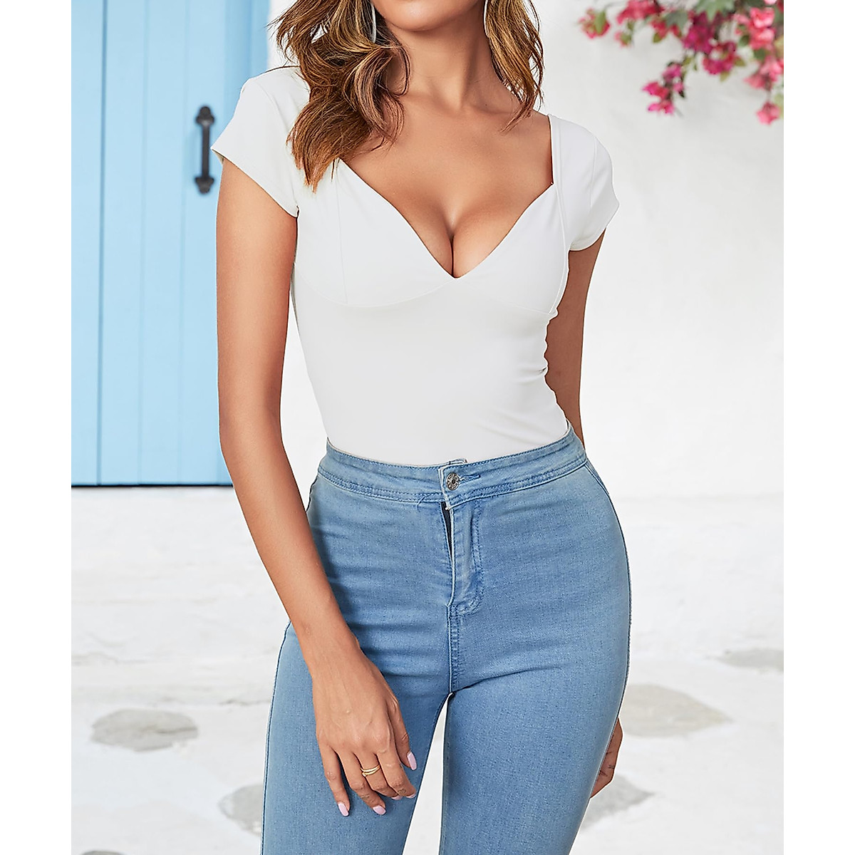 TiulZial Women's Sexy Backless Crop Tank Tops Deep V Neck Short Sleeve T-Shirts Slim Fit Y2K Tops Open Back Cami Tops White,S