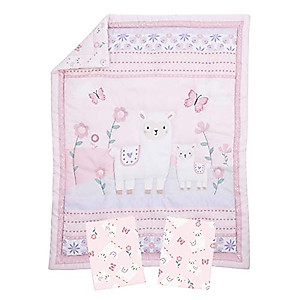 Little Love by NoJo Sweet Llama and Butterflies Floral Pink and Purple 3 Piece Mini Crib Bedding Set - Comforter and 2 Mini Crib Sheets