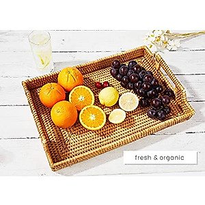 Large Rattan Tray with Rattan Coasters - Premium Flat Rectangular Serving Tray with Handles, Wicker Basket Tray 17''x11.4''x2'' Hand Woven Decorative Bed Tray for Coffee Table, Boho Tray by LYSCO