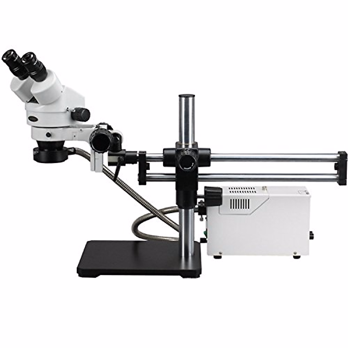 AmScope SM-5BZ-FOR Professional Binocular Stereo Zoom Microscope, WH10x Eyepieces, 3.5X-90X Magnification, 0.7X-4.5X Zoom Objective, Fiber-Optic Ring Light, Ball-Bearing Double-Arm Boom Stand, 110V-120V, Includes 0.5X and 2.0X Barlow Lenses