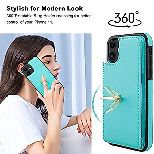 Folosu Compatible with iPhone 11 Case Wallet with Card Holder, 360°Rotation Finger Ring Holder Kickstand Protective RFID Blocking PU Leather Double Buttons Flip Shockproof Cover 6.1 Inch Green