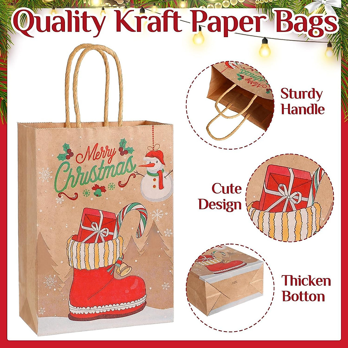 YOMOSA Christmas Kraft Gift Bags, 12pcs Paper Bags with Handle Christmas Treat Party Favor Bags for Christmas Gift Wrapping and Holiday Party Supplies