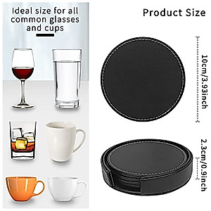 FYY Coasters for Drinks, Set of 5 Premium PU Leather Coaster with Holder, 3.9 inch Heat Resistant Coasters for Drinks, Coffee - Protect Furniture from Stains, Water Rings and Damage, Black