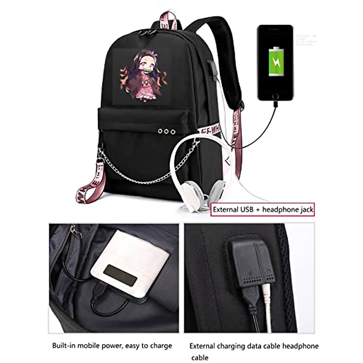 WZCSLM Anime Cosplay Laptop Backpack with USB Charging Port, Middle School College Bookbags for Women Men (black)