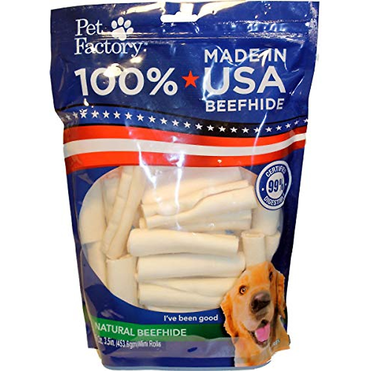 Pet Factory 78121 Beefhide | Dog Chews, 99% Digestive, Rawhides to Keep Dogs Busy While Enjoying, 100% Natural Flavored Rolls, 1 Pound Pack 3-3.5" Size, Made in USA