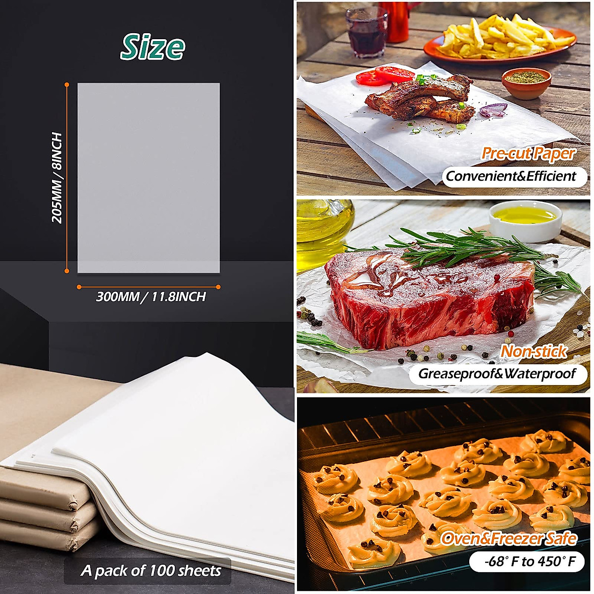 GeeRic Baking Parchment Paper, 100Pcs 8x12 inch Kitchen Parchment Paper Baking Sheets, Non-Stick Precut Baking Parchment for Baking Cookies, Bread, Meat, Pizza (White)