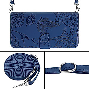 ONV Samsung Galaxy Note 10 Plus Flip Case - 1.5m Crossbody Lanyard Flip Wallet Case Magnetic Card Slot Foldable Embossed Butterfly Leather Case for Samsung Galaxy Note 10 Plus [Flower] - Blue