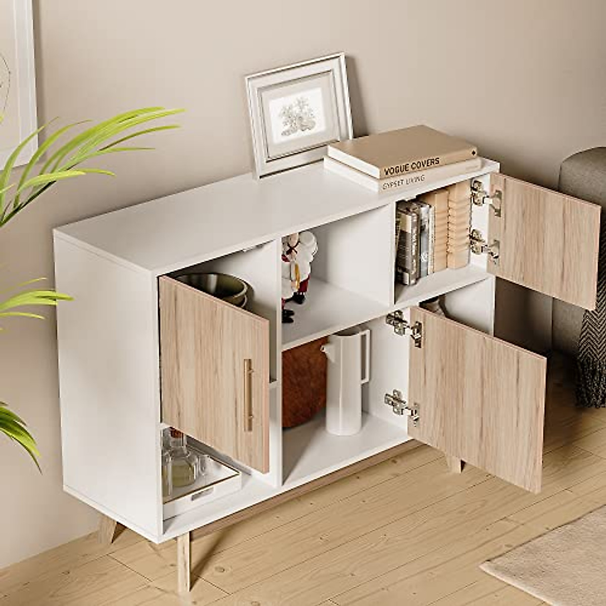 Cozy Castle 6-Cube Bookcase with Doors, Free Standing Sideboard Buffet Storage Cabinet, Mid Century Cabinet with Storage, 6 Cube Storage Organizer for Living Room, Bedroom, Hallway, White and Oak