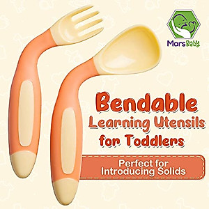 Mars Baby Silicone Baby Spoons Set for Self-Feeding - Bendable Learning Utensils for Toddlers - Perfect for Introducing Solids - With Travel Case - Orange