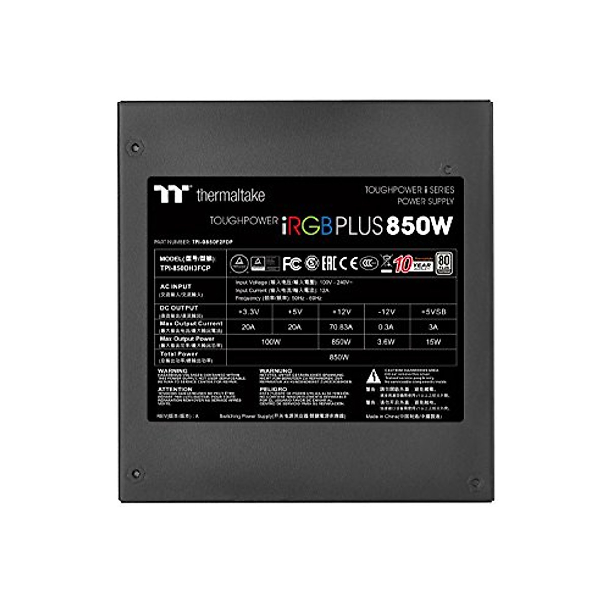 Thermaltake Toughpower iRGB Plus 850W 80+ Platinum Digital RGB LED Smart Zero Fan SLI/Crossfire Ready ATX12V v2.4 / SSI EPS v2.92 Power Supply 10 YR Warranty PS-TPI-0850F2FDPU-1