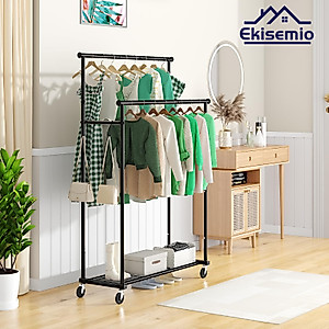 Ekisemio Double Rod Clothing Garment Rack on Wheels, 45 Inches Clothes Rack with Mesh Bottom Shelf for Hanging Clothes, Heavy Duty Metal Maximum Capacity 400 lb, Black