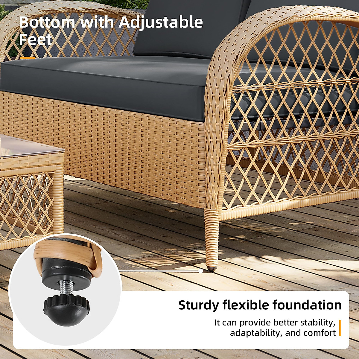 UPHA Patio Outdoor Furniture Set, Beige PE Rattan Patio Conversation Sets, 4 Pieces Wicker Patio Set with Loveseat, 2 Chairs, Coffee Table and Cushions for Backyard, Porch,Darkgrey