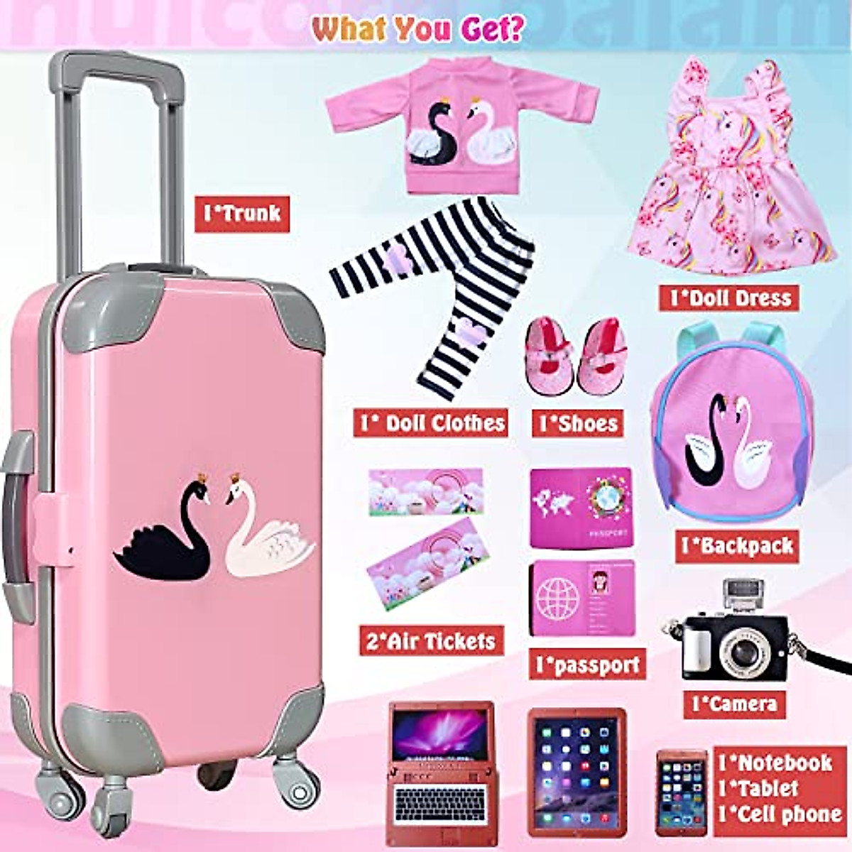 18 Inch Girl Doll Travel Suitcase Play Set Doll Clothes - Accessories Including Luggage Cute Backpack 2 Sets of Doll-Clothes- Shoes Camera Computer Phone Tablet Passport ARTST