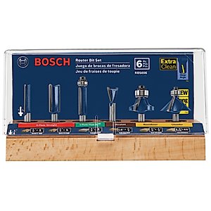 BOSCH RBS006 6-Piece 1/4 In. Shank Carbide-Tipped Multi-Purpose Router Bits Assorted Set with Included Storage Case for Applications in Straight, Trimming, Decorative Edging, Dovetail Joinery
