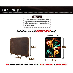 CataPurus Top Grain Genuine Leather 12.9" iPad Sleeve Case, Minimalist Vintage Design, Handmade, Compatible with 12.9" iPad Pro 3/4/5/6 Gen, Fits A1876 A1865 A1983 A2014 A2229 A2232, Coffee 12.9 Inch