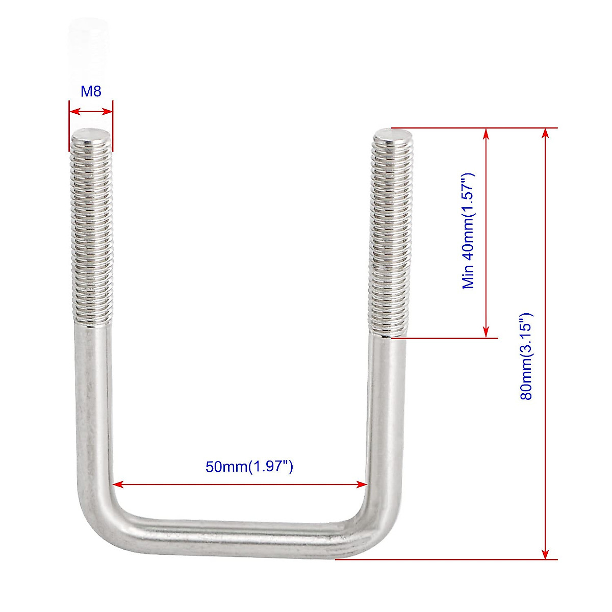 Aoje-Link Square U-Bolts 1.97"(50mm) Inner Width M8 Thread 304 Stainless Steel Silver with Plates Nuts Flat Washers for Car/RV/Trailer Bumper, 4Pcs