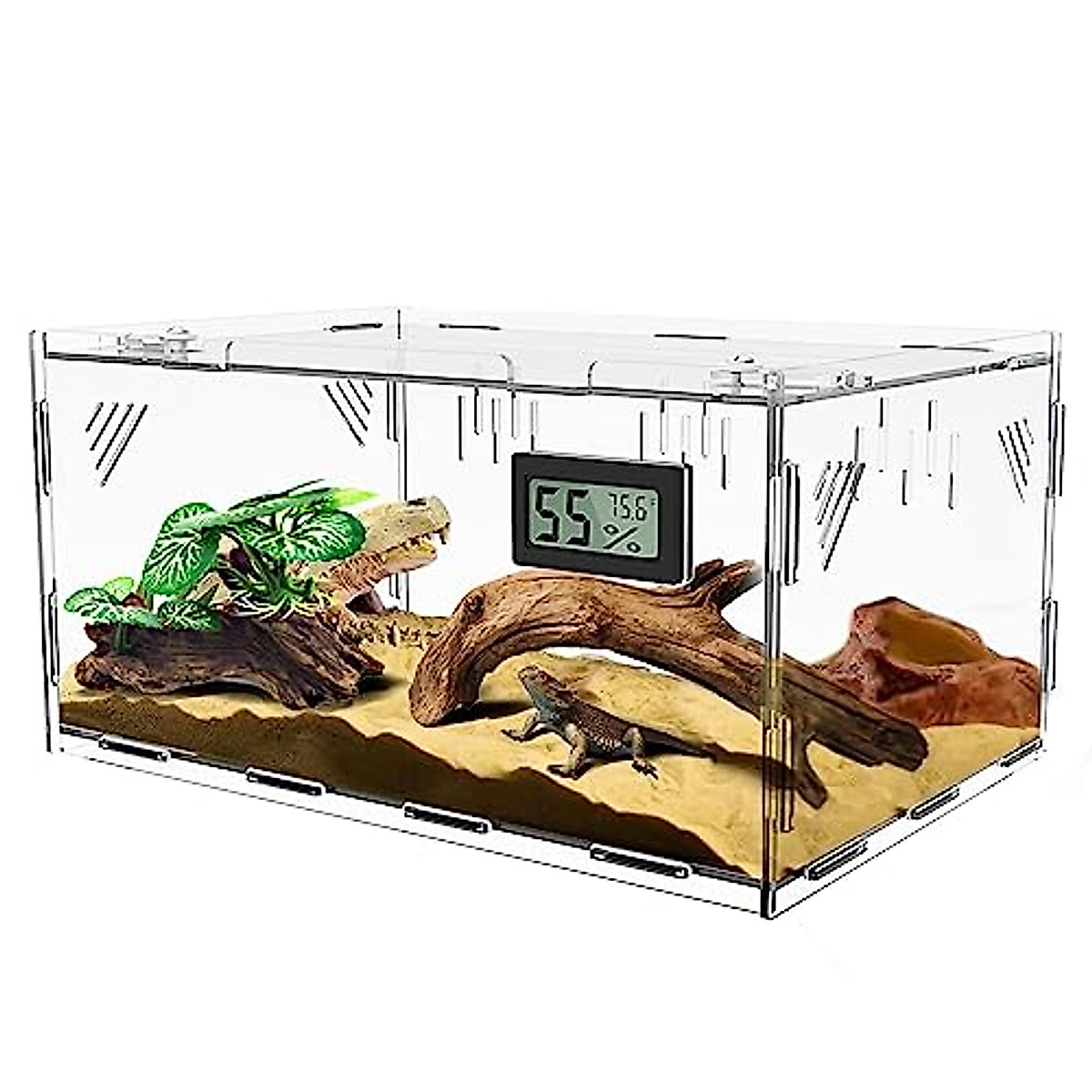 Reptile Terrariums, with Temperature Hygrometer, 11.8"x7.9"x5.9" Acrylic Reptile Breeding Box Terrarium Cage Tank for Small Reptile Insect Home Office