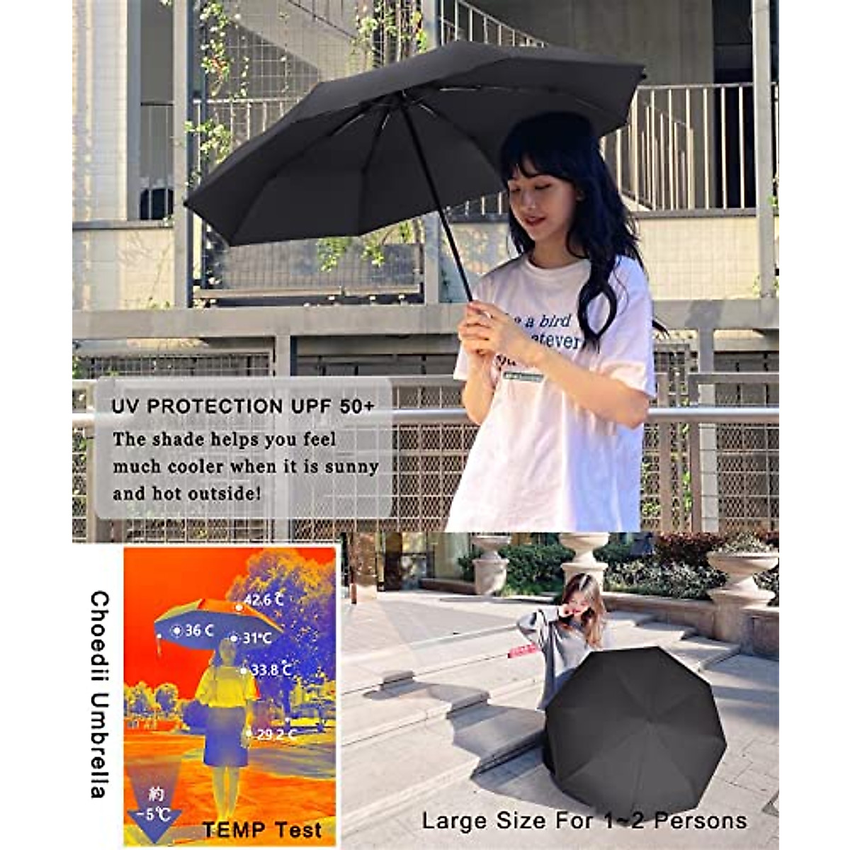 choedii Sun Umbrella UV protection Compact Portable Ultra light Weight Parasol Travel Rain Umbrella For Walking Women Waterproof Folding Umbrella 8 Ribs 0.59 Lbs (Black Manual)