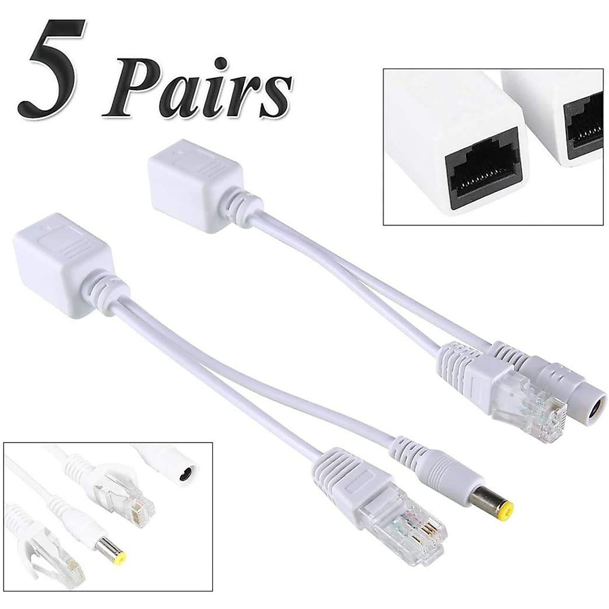 OdiySurveil 5Pairs Passive PoE Injector and Splitter Kits with 5.5x2.1mm DC Connector RJ45 Power Over Ethernet (White)