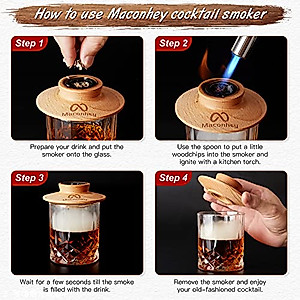 Maconhey Cocktail Smoker Kit, Old Fashioned Wood Drink Smoker Infuser Kit with 4 Flavors Smoking Wood Chips, Great Gift for Farther's Day and All Whiskey Bourbon Martini Lovers