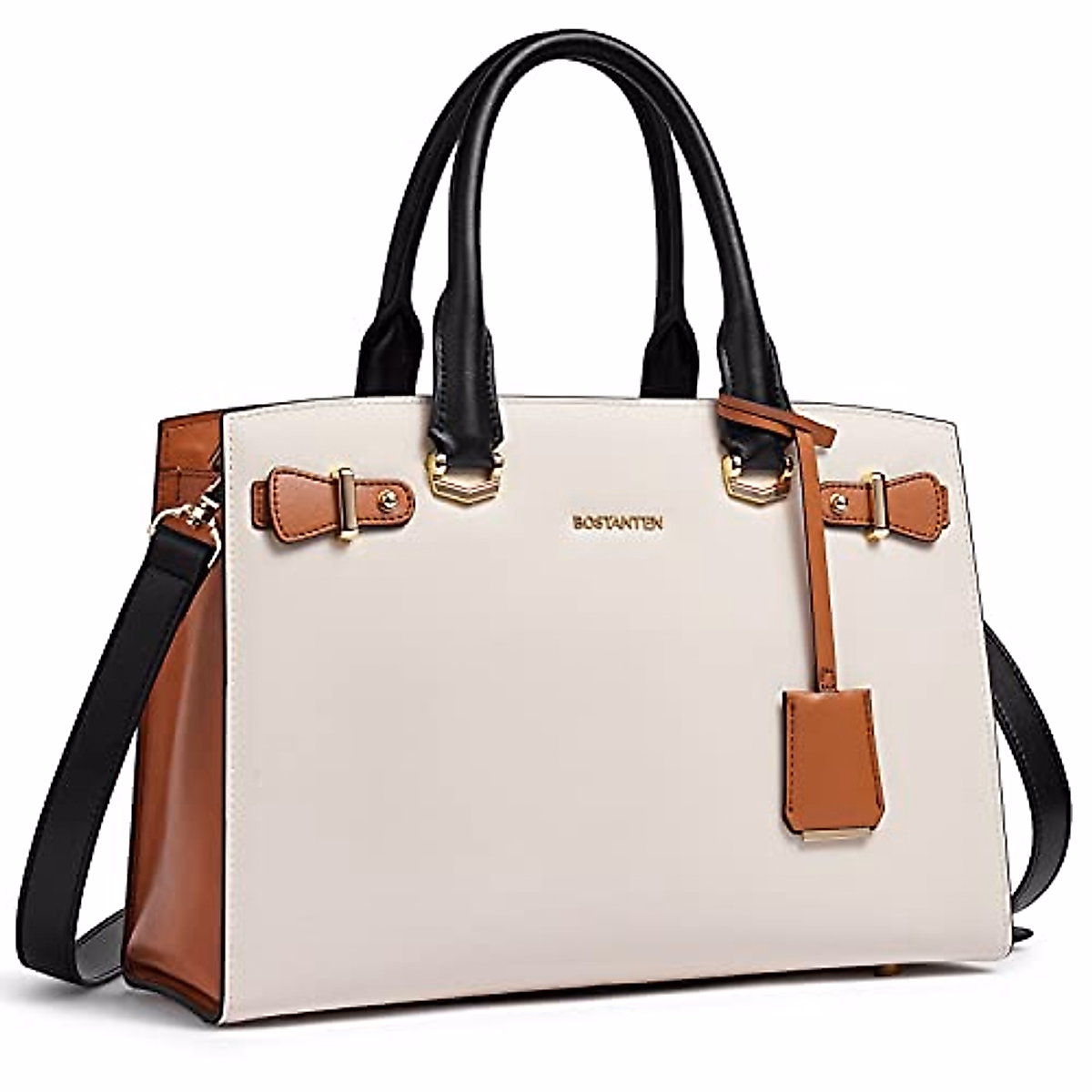 BOSTANTEN Women Leather Handbag Designer Satchel Purses Top Handle Shoulder Totes Crossbody Bag Beige with Brown