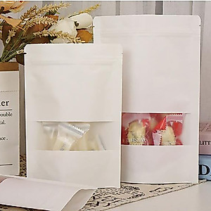 GICOHI 50 PCS Custom Kraft Paper Bag with Window,Personalized Stand up Zip Lock Pouches Food Storage Bags, Reclosable Bags for Home, Wedding, Party Products (White Kraft Bag)