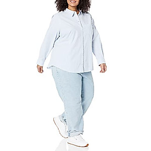 Amazon Essentials Women's Long Sleeve Button Down Stretch Oxford Shirt (Available in Plus Size), Blue/White/Stripe, Large