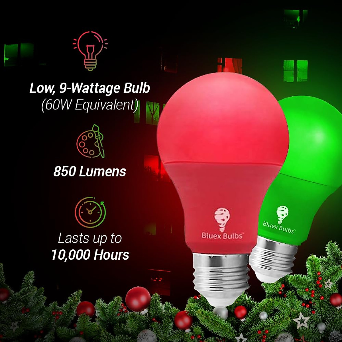 6 Pack BlueX LED A19 Green Light Bulbs - 9W (60Watt Equivalent) - E26 Base LED Green Bulb, Party Decoration, Porch, Home Lighting, Holiday Lighting, Decorative Illumination Green LED Bulb