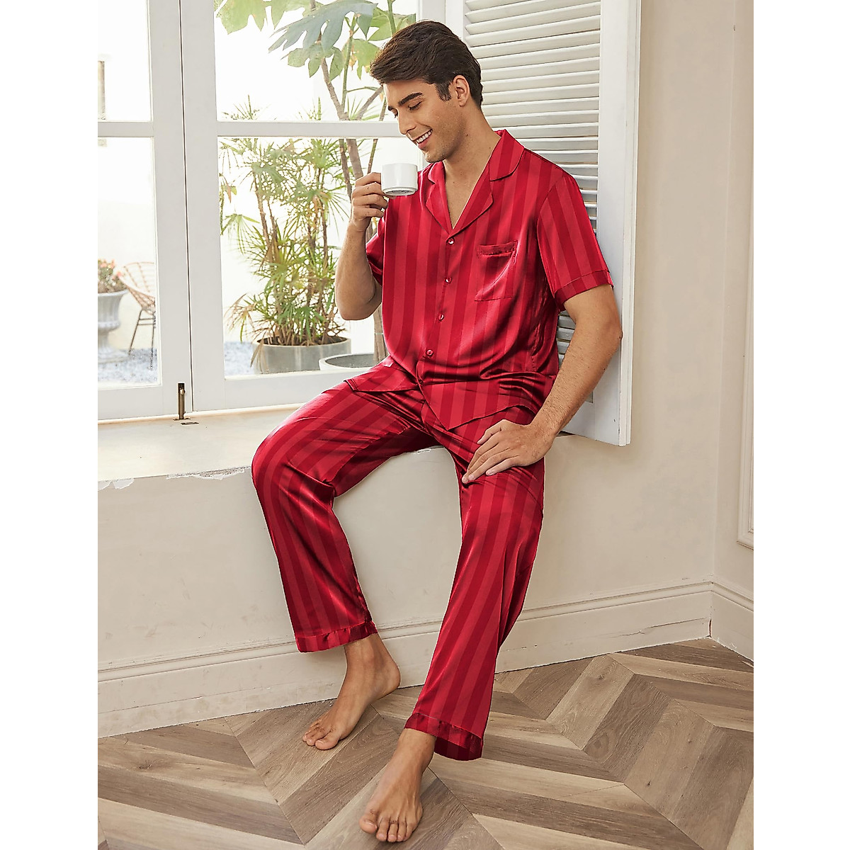 Ekouaer Men Satin Silk Pajamas Set 2 Piece Button Down Sleepwear Long Pants Loungewear with Pockets