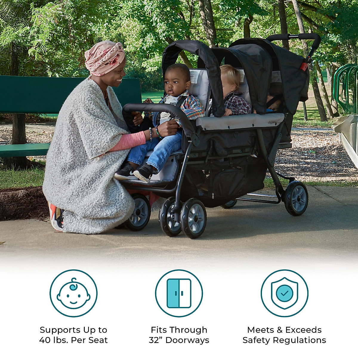 Gaggle by Foundations Compass 3 Seat Stroller | Triple Stroller for Infant and 2 Toddlers | Lightweight Tandem Triple Stroller | Foot Brake | Shock-Absorbing All-Terrain Wheels | Easy Folding | Black
