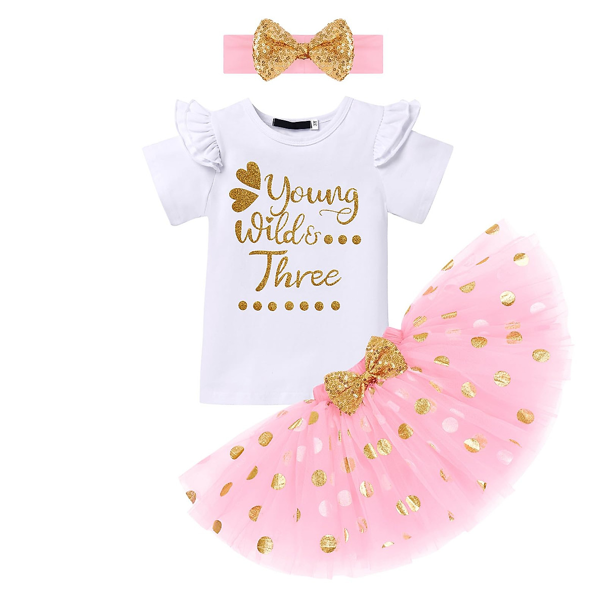 Toddler Baby Girls 1st/2nd/3rd Birthday Outfit Princess Sweet Sassy Crown Headband Tutu Skirt Set Cake Smash Baptism Christening Formal Suit Clothes Set for Photo Shoot Pink-young wild three 3T