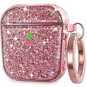 AHASTYLE AirPods Case for Women Girls Luxury Glittery, Glossy Hard Protective Case Cover Compatible with Apple AirPods 2 & 1(Rose Gold)