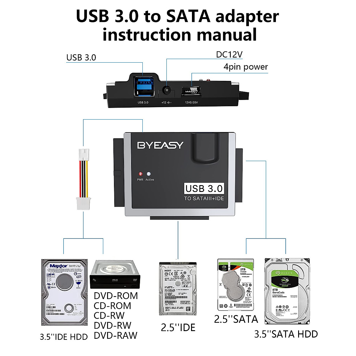 BYEASY SATA/IDE USB 3.0 Adapter, Hard Drive Reader with USB A and USB C for Universal 2.5"/3.5" Inch External HDD/SSD with 12V 2A Adapter, Support 12TB for Windows and Mac OS