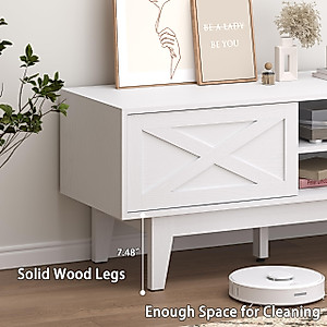 TV Stand for 55/60/65 Inch TV, Farmhouse Entertainment Center with Shelves, Cabinets and Sliding Doors, Rustic TV Media Console Table with Solid Wood Feet & Cord Holes for Living Room, Bedroom, White