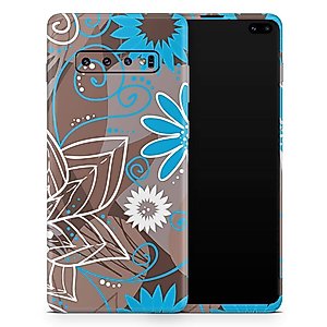 DesignSkinz Brown Surface with Blue and White Whymsical Floral Pattern Protective Vinyl Decal Wrap Skin Cover Compatible with The Samsung Galaxy S20 (Screen Trim & Back Glass Skin)