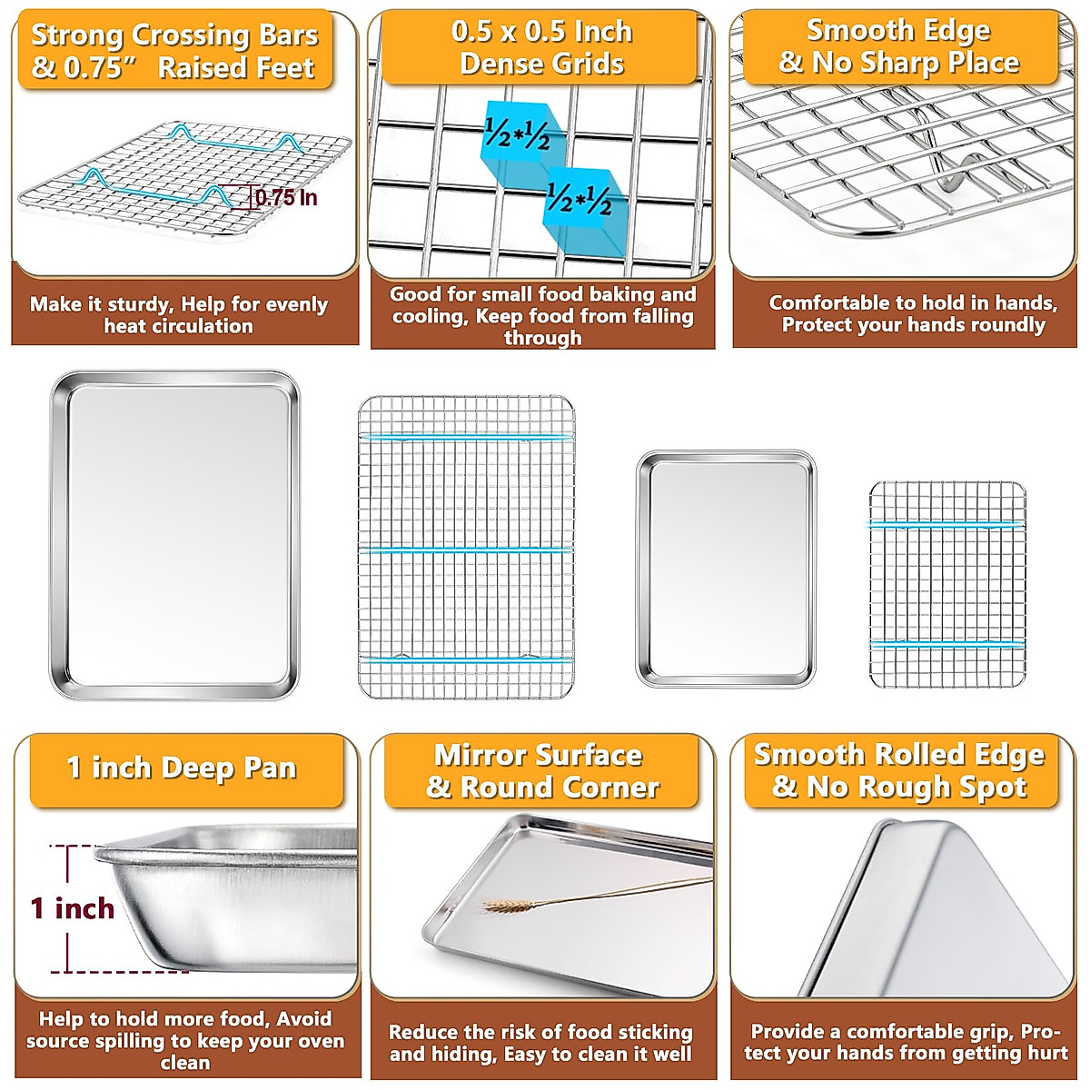 P&P CHEF Baking Sheet and Rack Set, 4 PACK (2 Sheets + 2 Racks), 2 Sizes Stainless Steel Baking Pans Cookie Sheets with Cooling Racks for Cooking & Roasting, Oven & Dishwasher Safe, Non-toxic