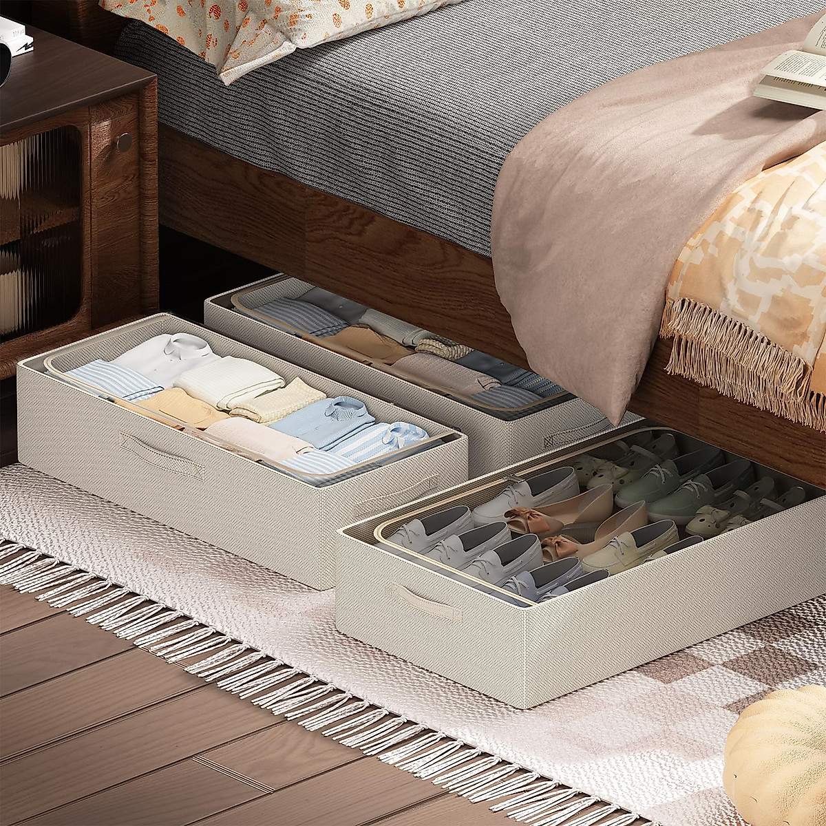 3Pcs Under Bed Storage Bins with Metal Frame - Shoe Organizer for Closet with Clear Cover Oxford Fabric Sturdy Underbed Container Foldable Stackable Clothes Organizer (Beige, 23.5x11.8x6.3)