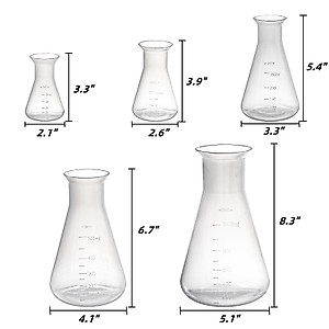 Covzoe 10 Pack Plastic Erlenmeyer Flask, Clear Scientific Conical Flask for Students Experiment, Laboratory Chemical Erlenmey Education Learning Tool, 50ml, 100ml, 250ml, 500ml, 1000ml