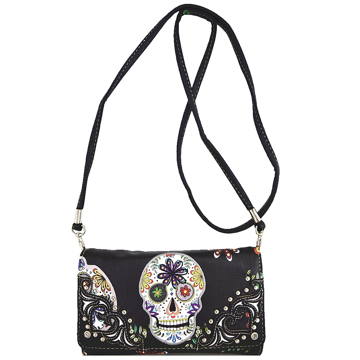 Sugar Skull Day of the Dead Cross Bone Studs Punk Gothic Art Rivet Studded Women Wristlet Trifold Wallet (#3 Black)