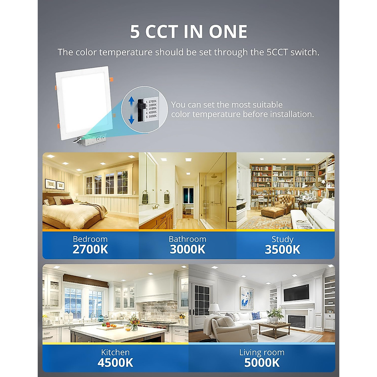 Vtuik 4 Pack 11 inch 24W Dimmable Square LED Recessed Lighting with Junction Box, 1920lm/CRI85 Ultra Thin LED Can Light 5CCT 2700K-5000K Adjustable with a Simple Switch IC Rated,ETL Certified