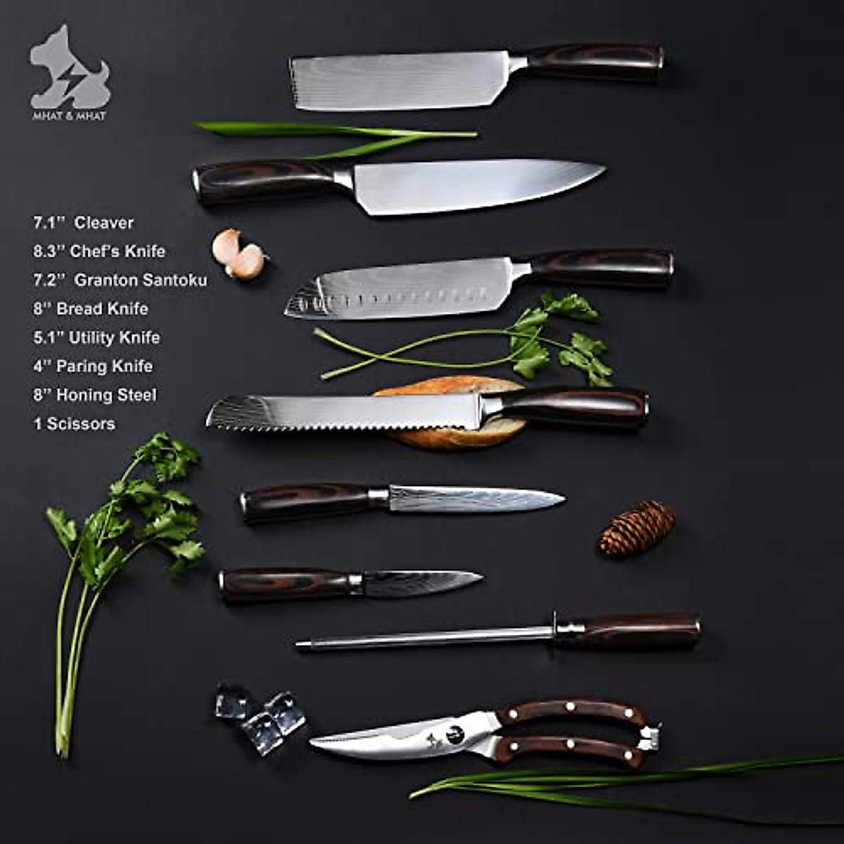 MHAT & MHAT 9pcs Essential Kitchen Knife Block Set Pro, Ergonomic Pakkawood Handle, Sharper steel