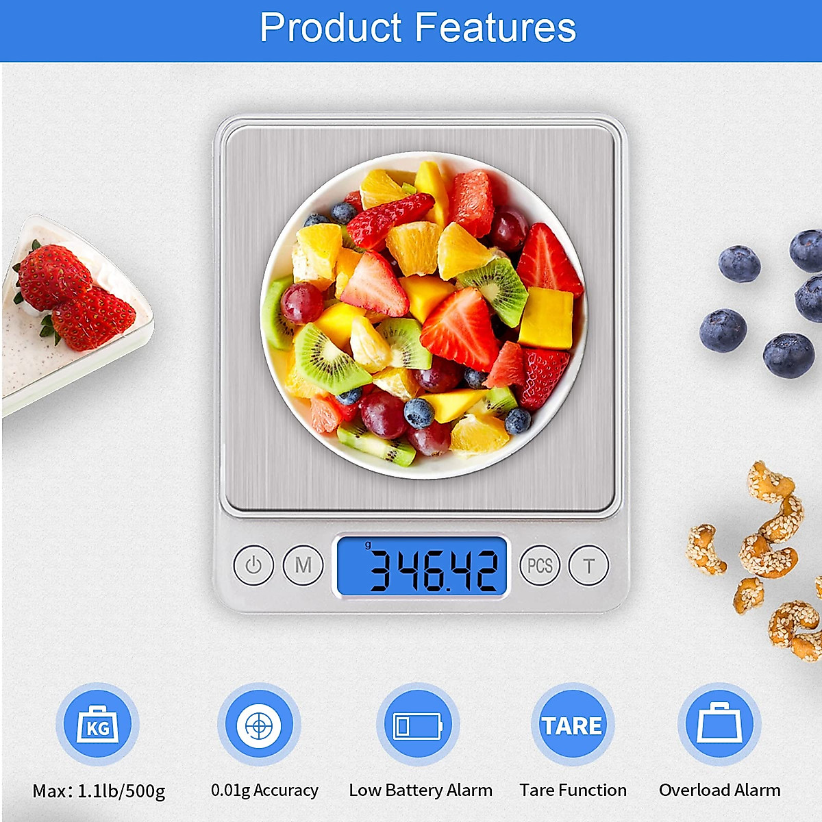 UNIWEIGH Digital Kitchen Scale, 500g/0.01g Gram Scale,Cooking Food Scale Digital Weight Grams and OZ with LCD Display, Digital Jewelry Coffee Scale with 2 Trays,Auto Off, Tare，Stainless Steel